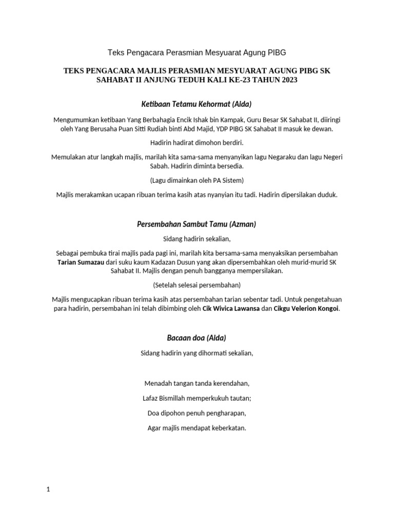 Teks MC Meeting PIBG 2023 | PDF