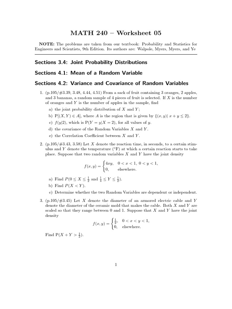 MATH240 Worksheet05 | PDF | Covariance | Probability Distribution