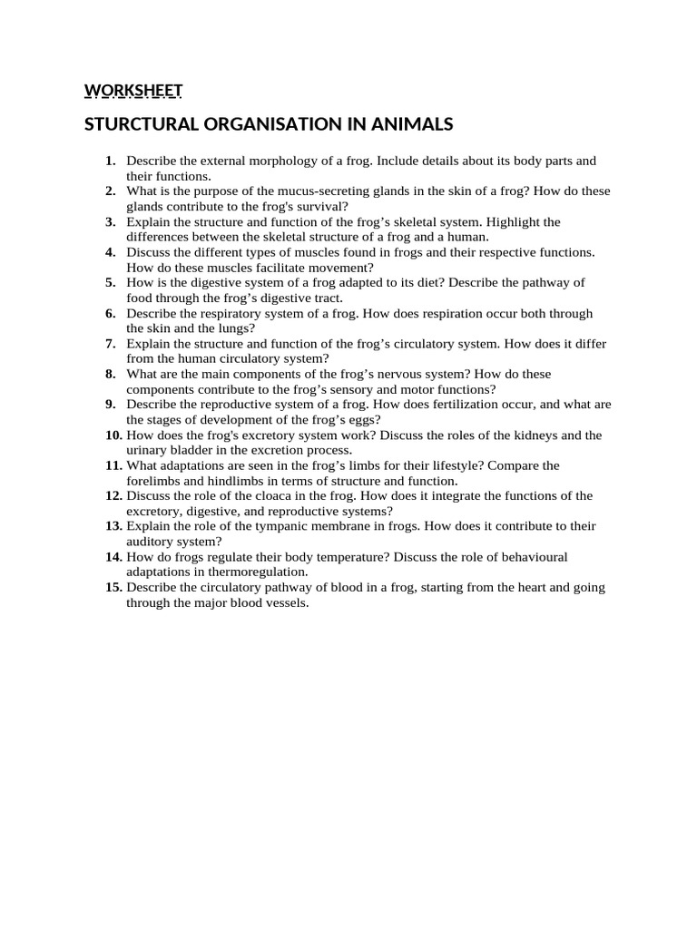 WORKSHEET Structural Organisation in Animals | PDF