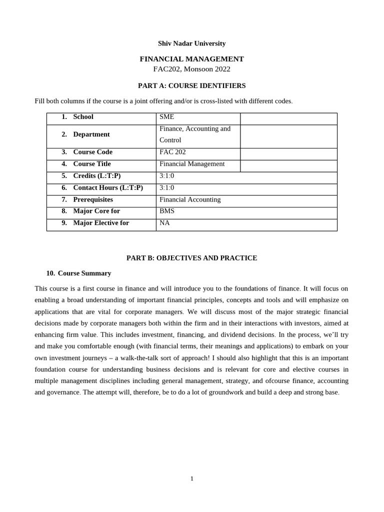 Course Outline_Financial Management FAC202_DBasu | PDF | Business ...