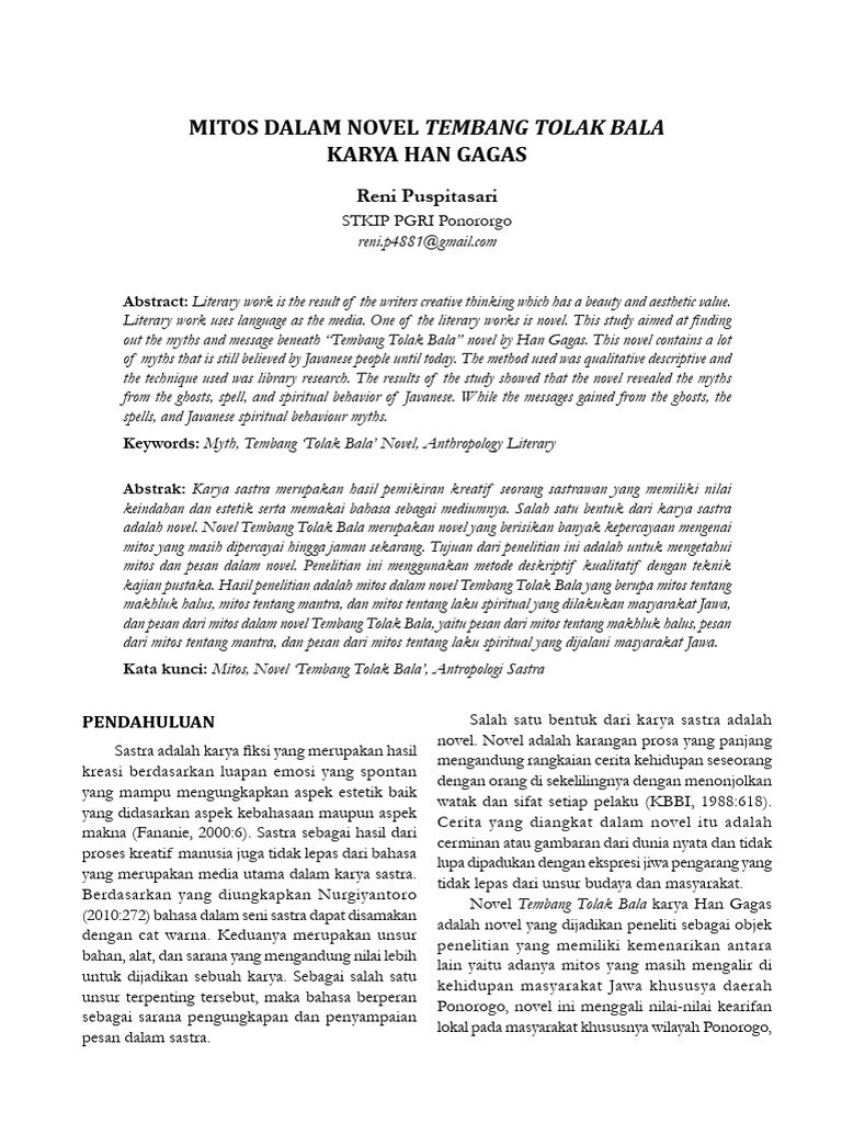 Reni Puspitasari Mitos Dalam Novel Tembang Tolak Bala Karya Han Gagas | PDF