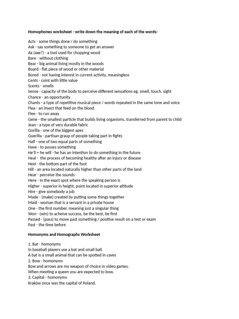 Homophones and Homographs Worksheet | PDF