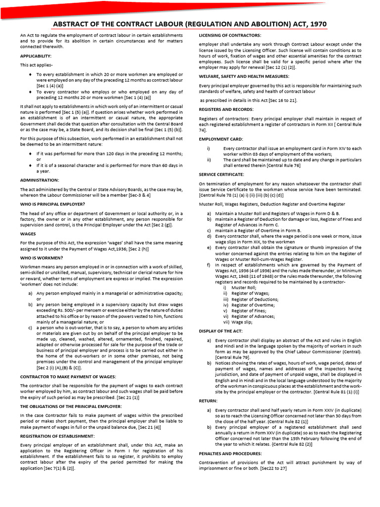 Contract Labour Act 1970 Overview | PDF | Employment | Wage