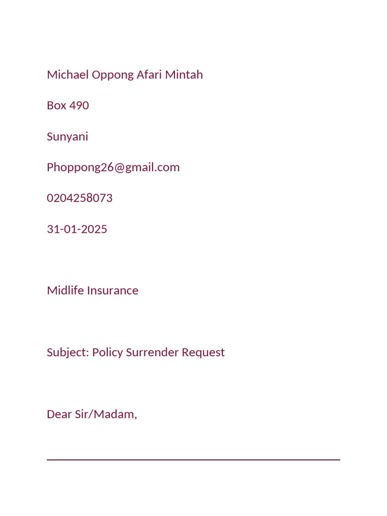 Policy Surrender Request for MI0203330 | PDF
