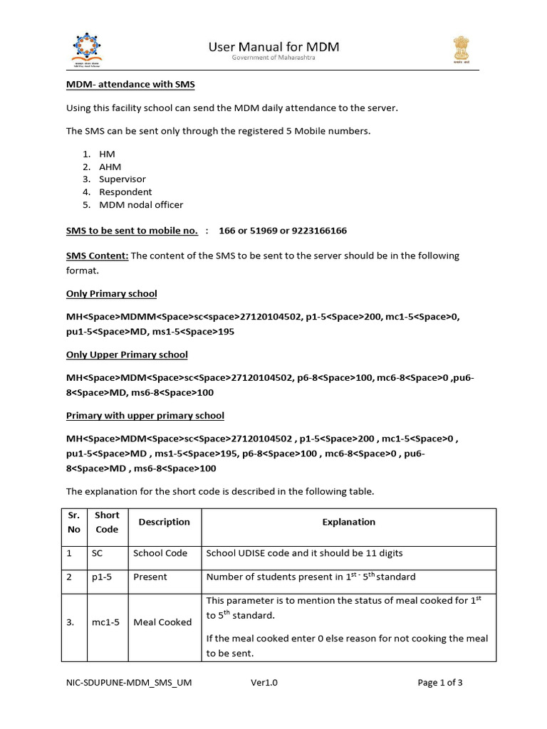 MDM Daily Attendance SMS Guidelines | PDF