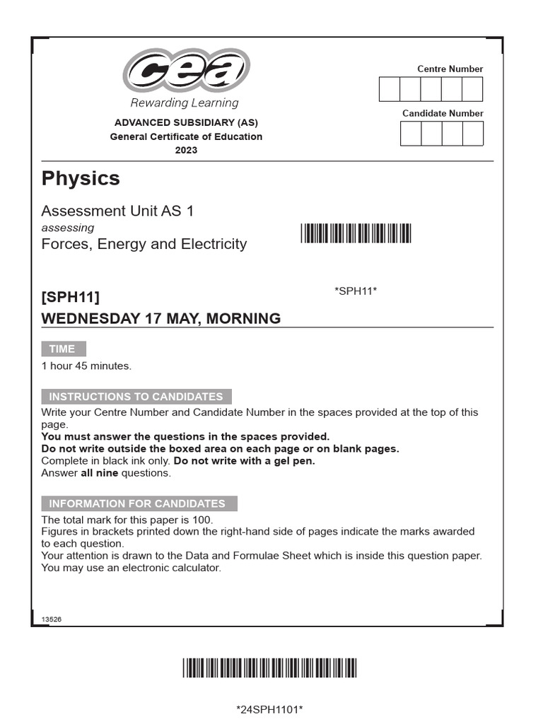 GCE Physics 574 Summer2023 As 1, Forces, Energy and Electricity Paper 1 ...