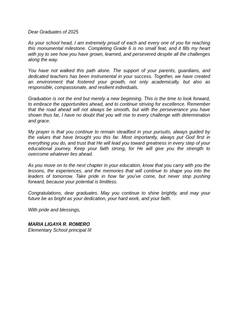 2025 Graduation Message from Principal | PDF