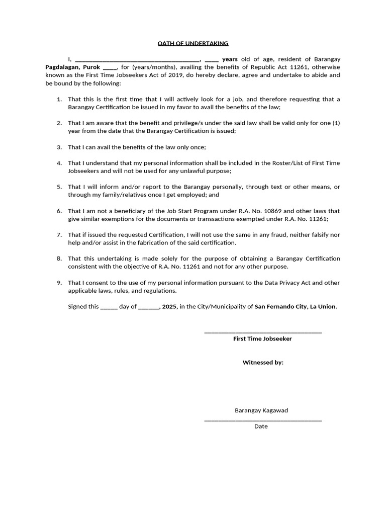 Oath of Undertaking - First Time Jobseeker | PDF