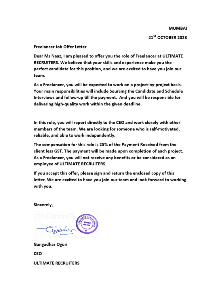 Freelancer Job Offer Letter Naaz | PDF