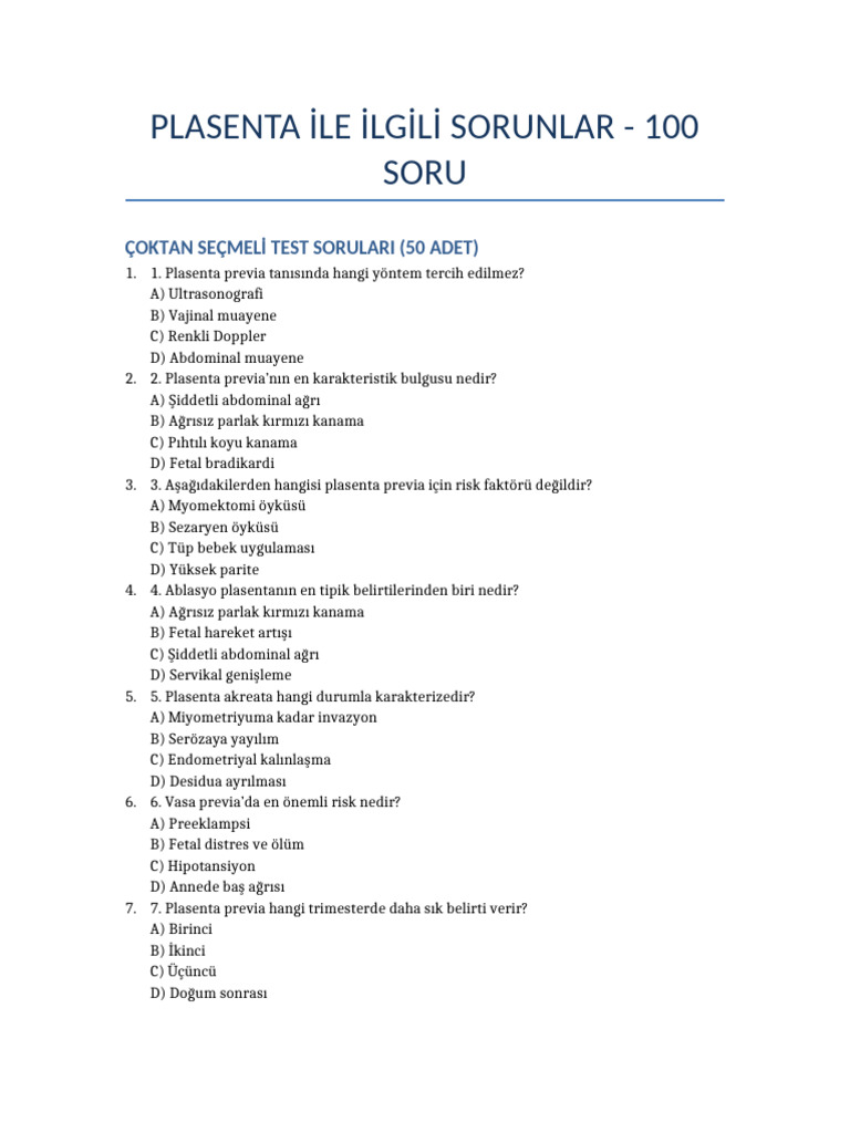 Plasenta Ile Ilgili 100 Soru | PDF