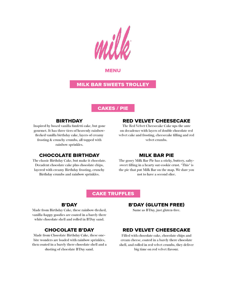 Milk Bar Sweets Menu Overview | PDF | Cakes | Cheesecake