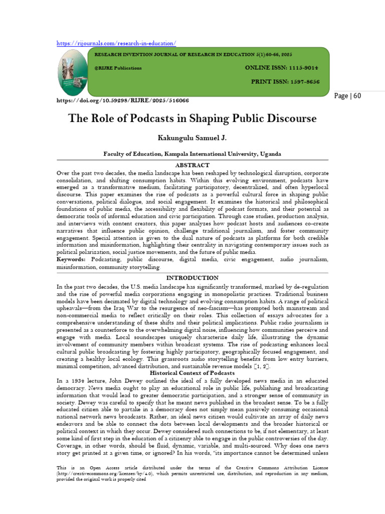 The Role of Podcasts in Shaping Public Discourse (WWW - Kiu.ac - Ug) | PDF | Podcast | Media ...