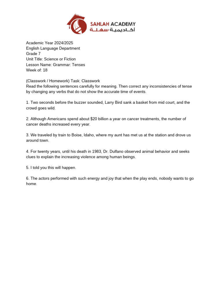 Grade 7 Grammar: Tense Correction Task | PDF
