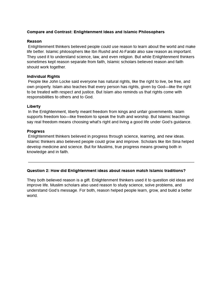 Compare and Contrast - Enlightenment Ideas and Islamic Philosophers | PDF