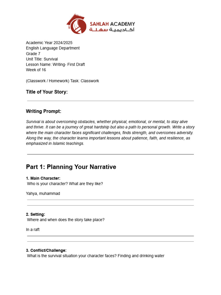 Grade 7 Survival Writing Prompt | PDF | Psychological Resilience