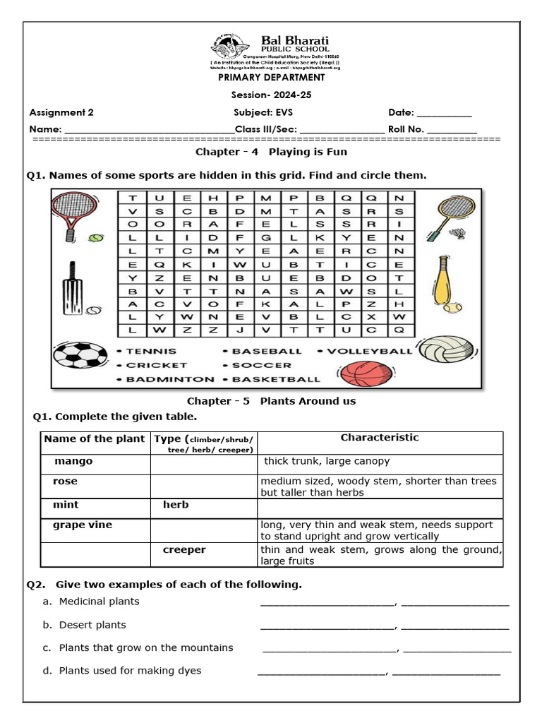 EVS Assignment 2 - Class III - Term 1 | PDF | Leaf | Wood