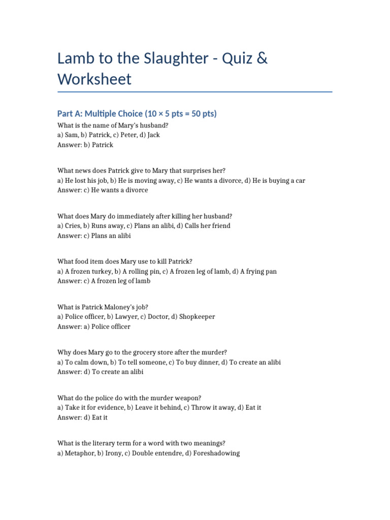 Lamb To The Slaughter Quiz Worksheet | PDF