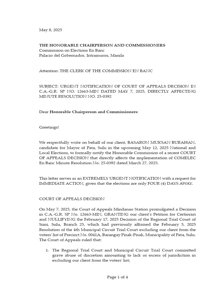 Letter To COMELEC en Banc | PDF | Supreme Court Of The United States ...