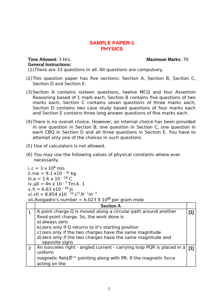 Xii Physics-Sample Papers | PDF | Electrical Impedance | Electron