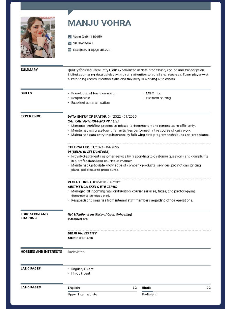 Manju Vohra - Resume - Apna | PDF