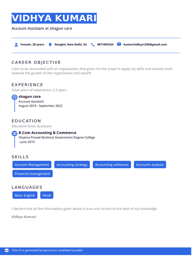 Vidhya Kumari Resume Apna | PDF