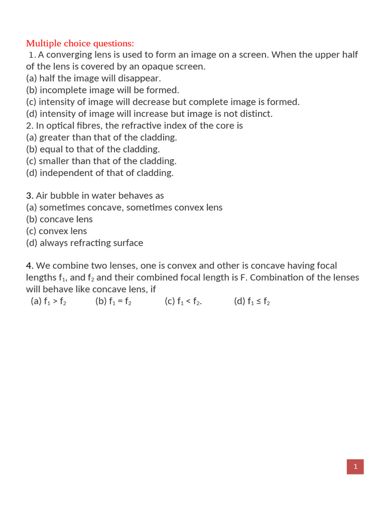 Class 12 - Physics - Ray Optics and Optical Instruments - WS With Ans ...