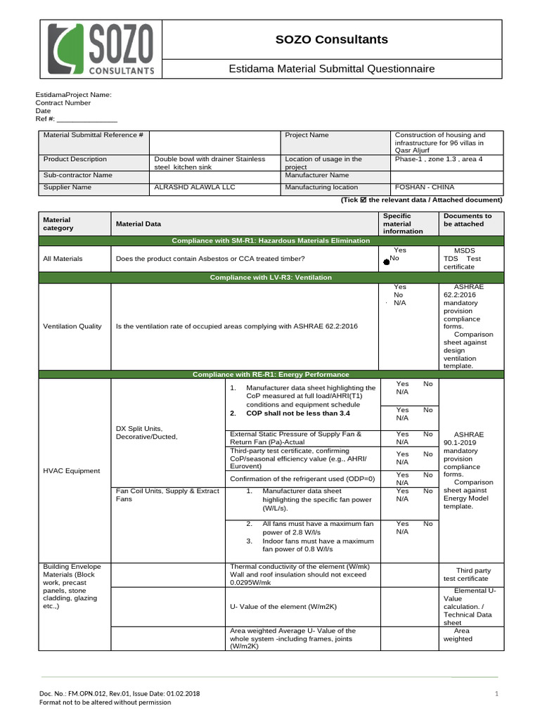 PVRS - 1pearl - Estidama Material Questionnaire | PDF | Temperature | Building