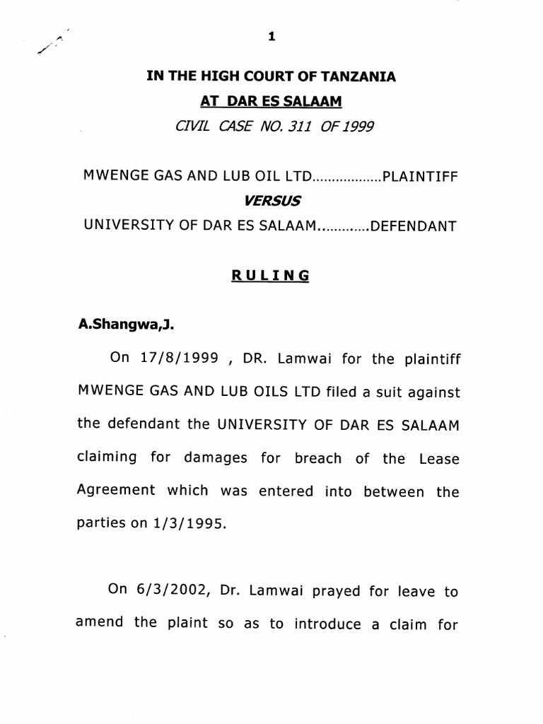 Mwenge Gas and Lub Oil LTD Vs Universty of Dar Es Salaam (Civil Case ...