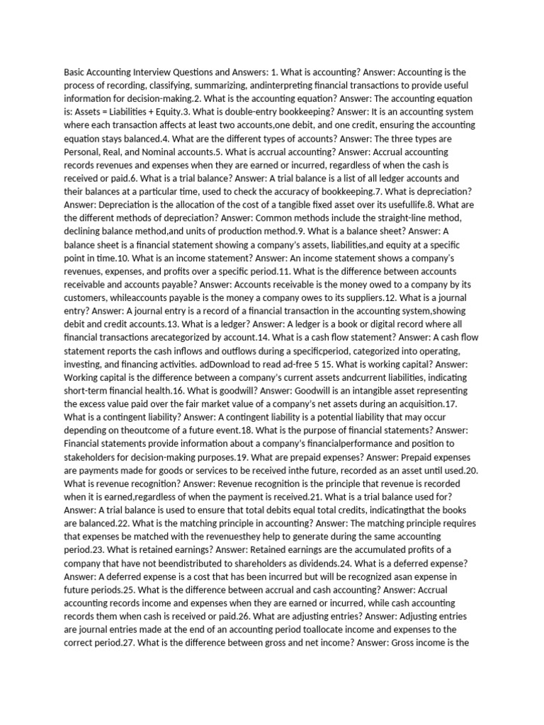 Basic Accounting Interview Questions and Answers | PDF | Debits And ...