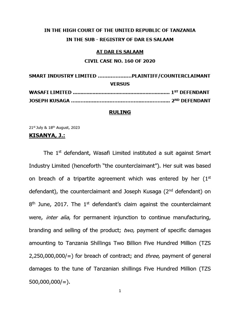 Smart Industry Limited Vs Wasafi Limited and Another (Civil Case No 160 ...
