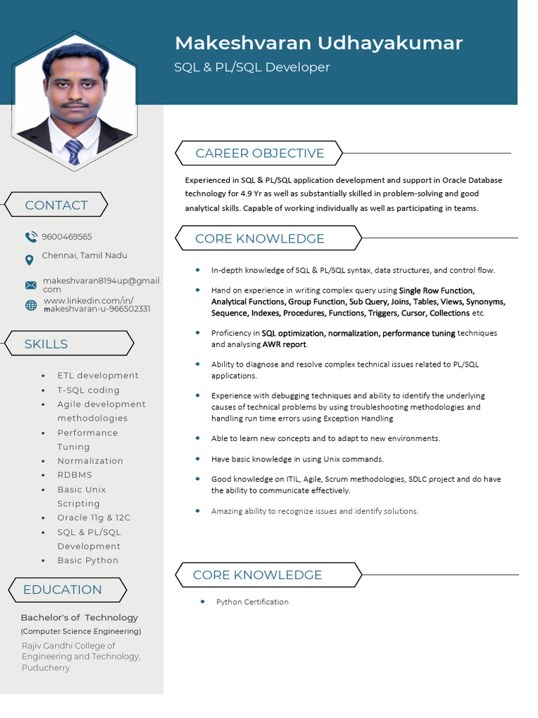 Makeshvaran Resume 2024 | PDF | Pl/Sql | Sql