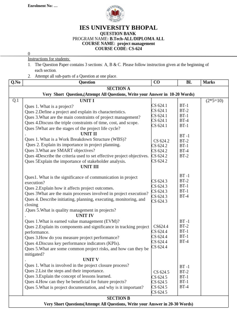Project Management Question Bank PDF | PDF | Project Management | Business