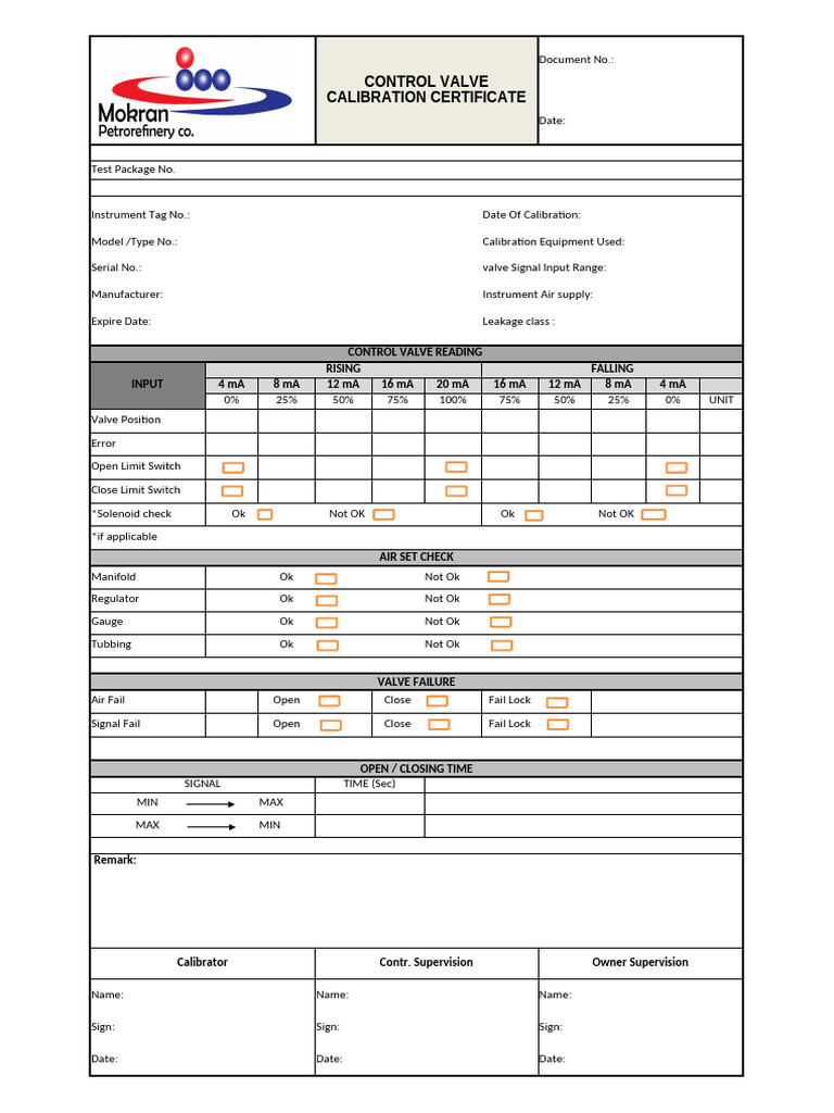 Control Valve Calibration Report Template | PDF | Calibration | Equipment