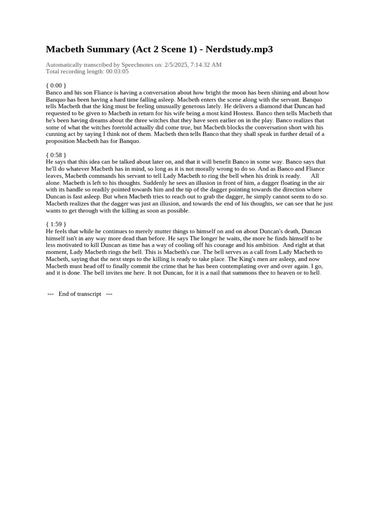 Macbeth Summary (Act 2 Scene 1) - Nerdstudy - mp3 - Transcript | PDF | Macbeth