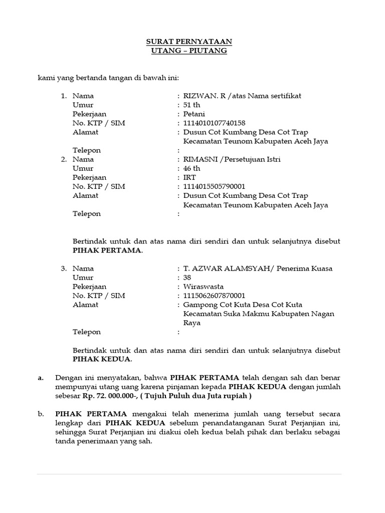 Surat Perjanjian Utang Piutang 72 Juta | PDF