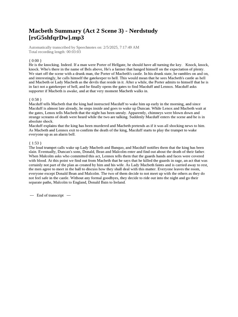 Macbeth Act 2 Scene 3 Summary | PDF | Macbeth | Shakespearean Tragedies