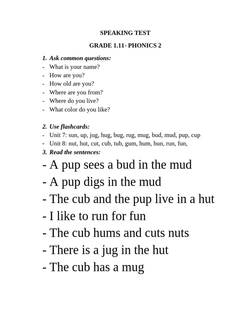 Grade 1 Phonics Speaking Test Guide | PDF