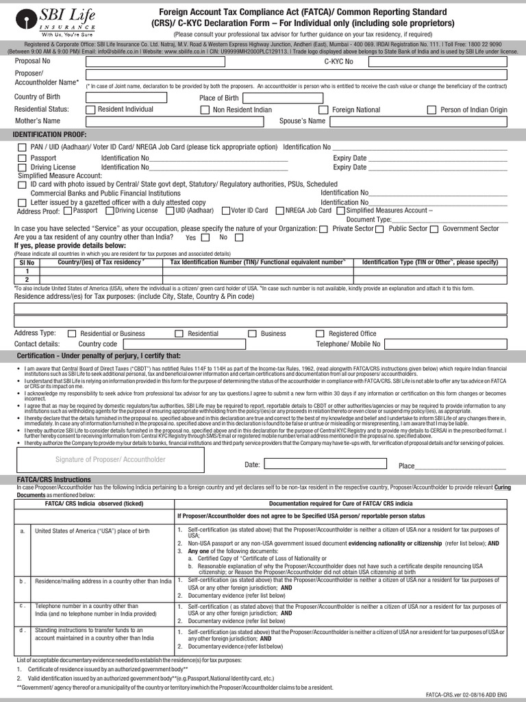 FATCA CRS Declaration Form | PDF | Identity Document | Citizenship