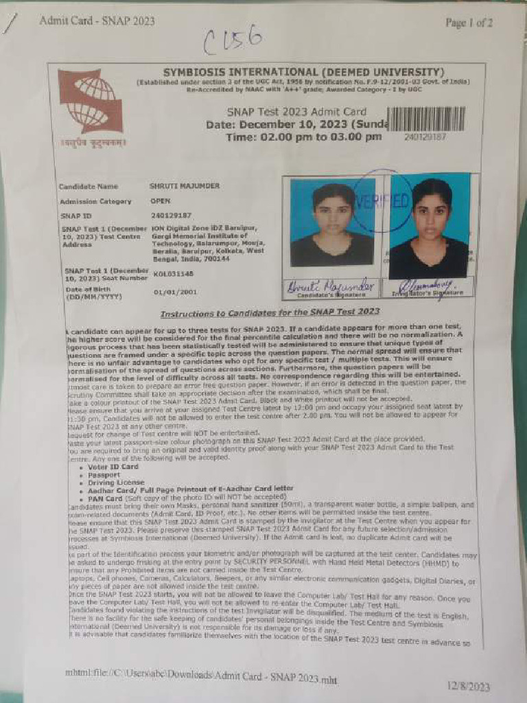 SNAP 2023 Admit Card Instructions | PDF | Identity Document ...