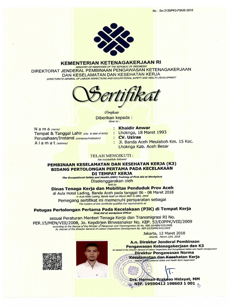Sertifikat P3K Khaidir Anwar | PDF