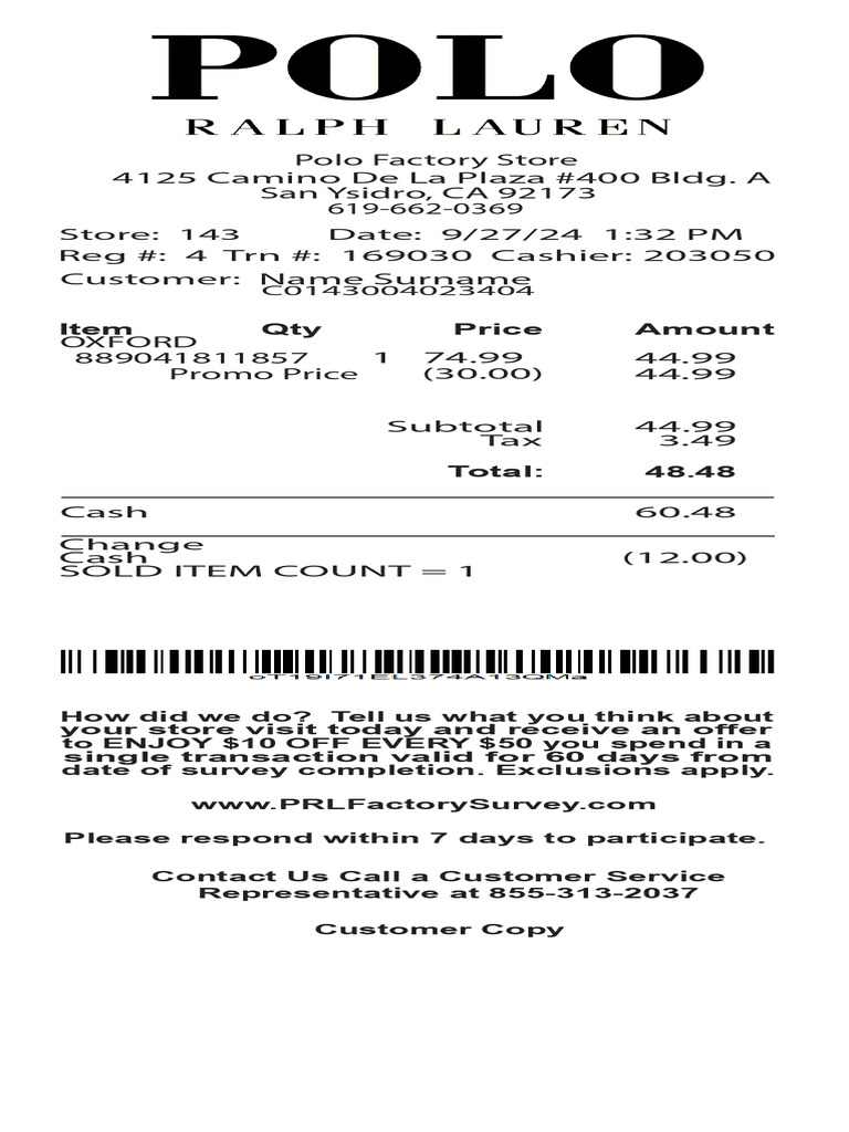 Polo Factory Store Receipt Summary | PDF