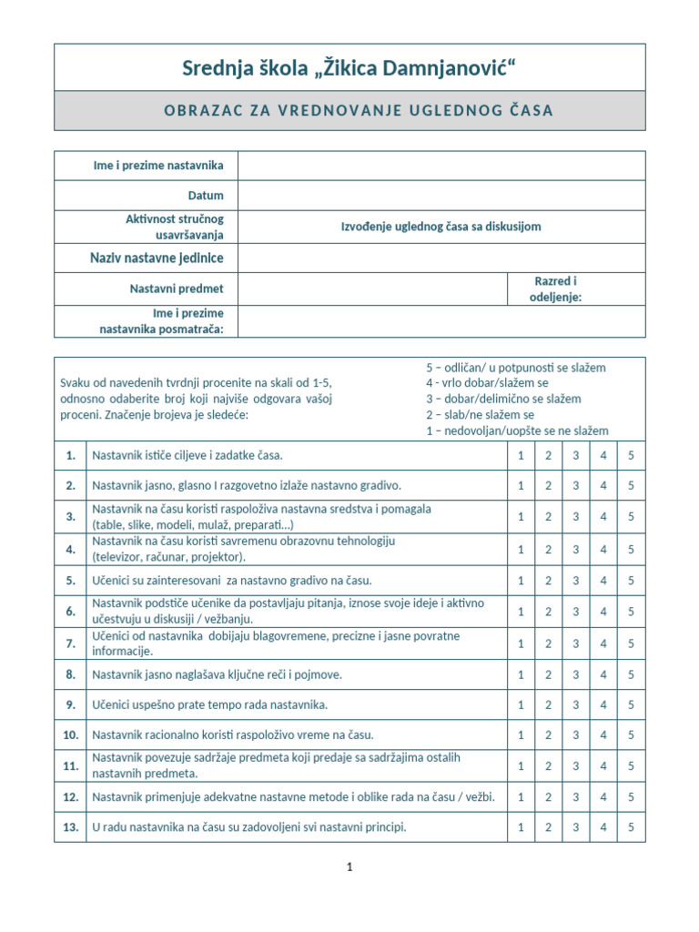 Obrazac Za Vrednovanje Uglednog Casa | PDF