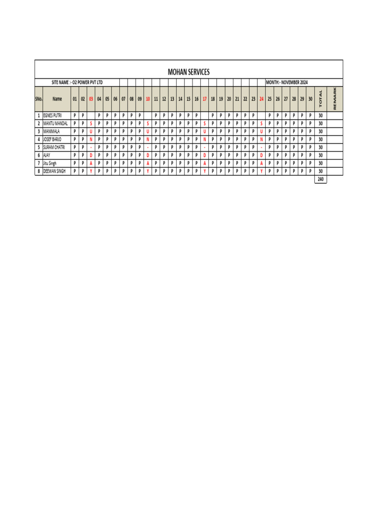 Muster Roll Mohan Services O2 Power November 2024 | PDF