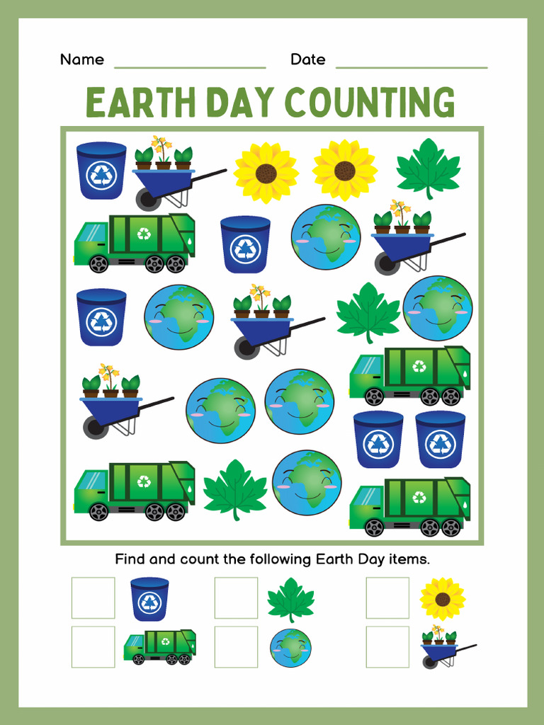Fun Earth Day Counting Math Worksheets in Colourful Illustrative Style ...