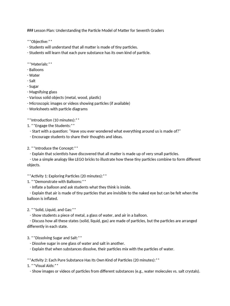 Particle Model Lesson Plan for 7th Graders | PDF | Matter | Particle