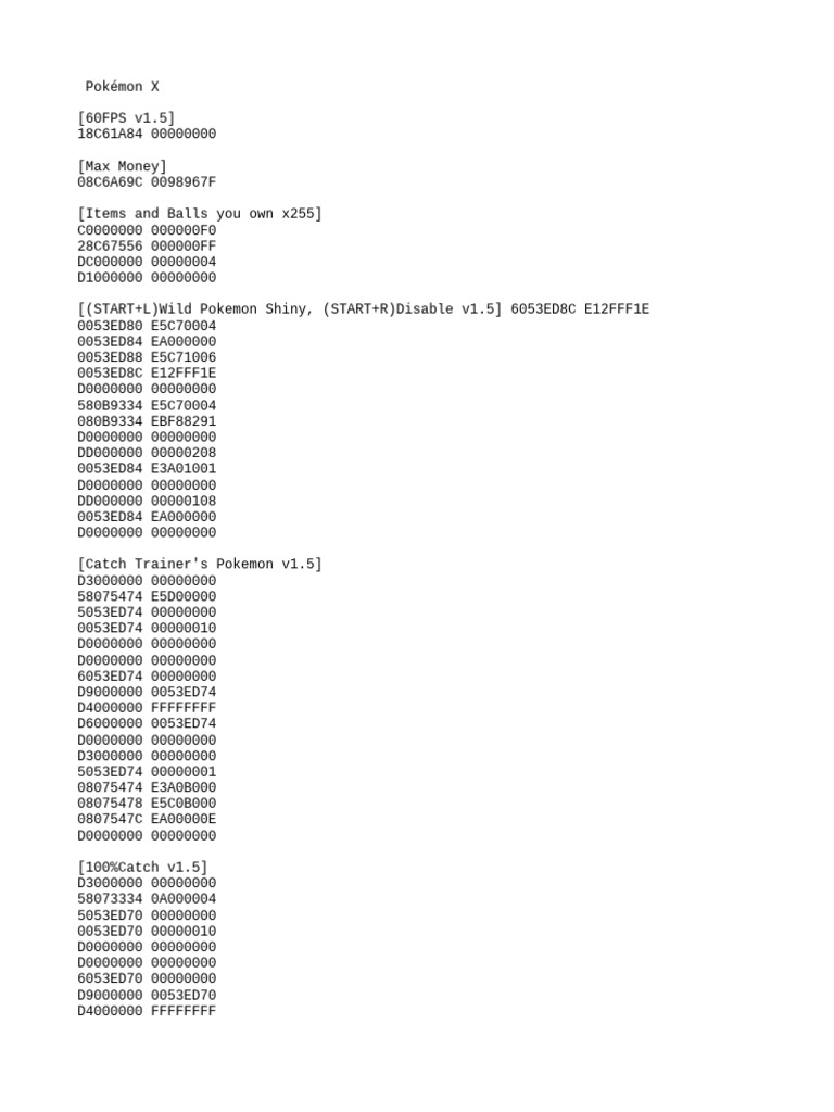 Pokémon X Cheat Codes v1.5 Guide | PDF