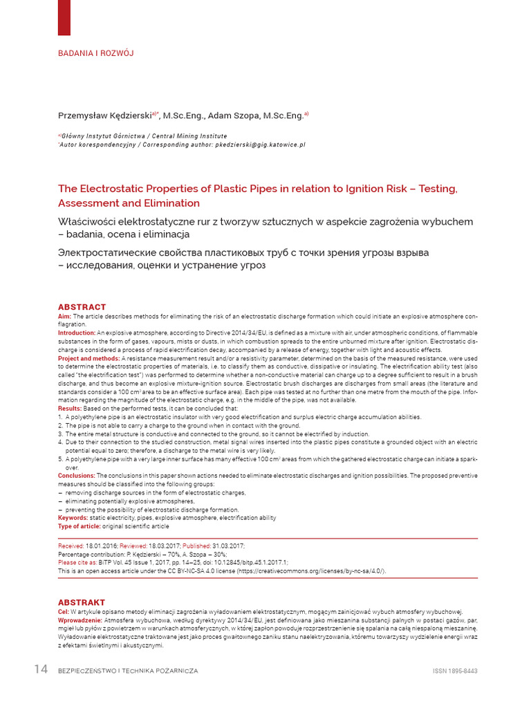 The Electrostatic Properties of Plastic Pipes in Relation To Ignition ...