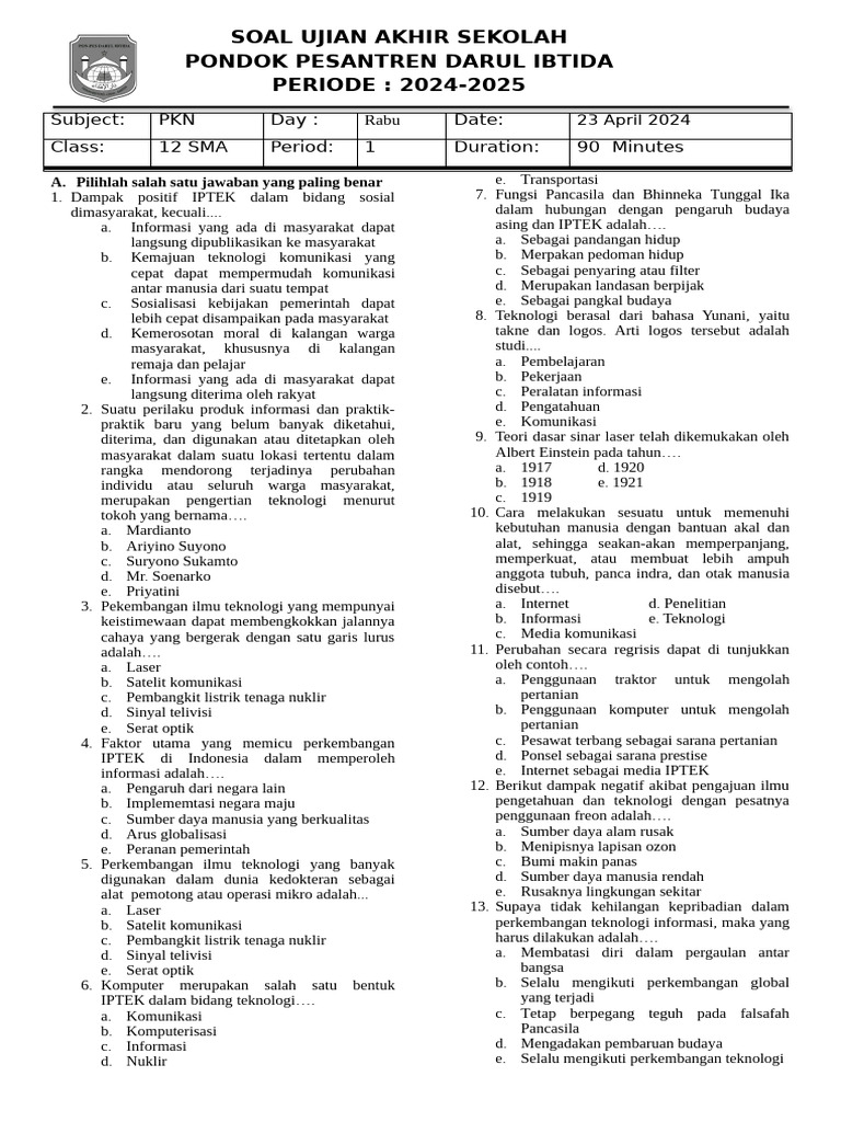 Soal Bu Nur Halimah PKN Kelas 12 Semester 2 2025 | PDF