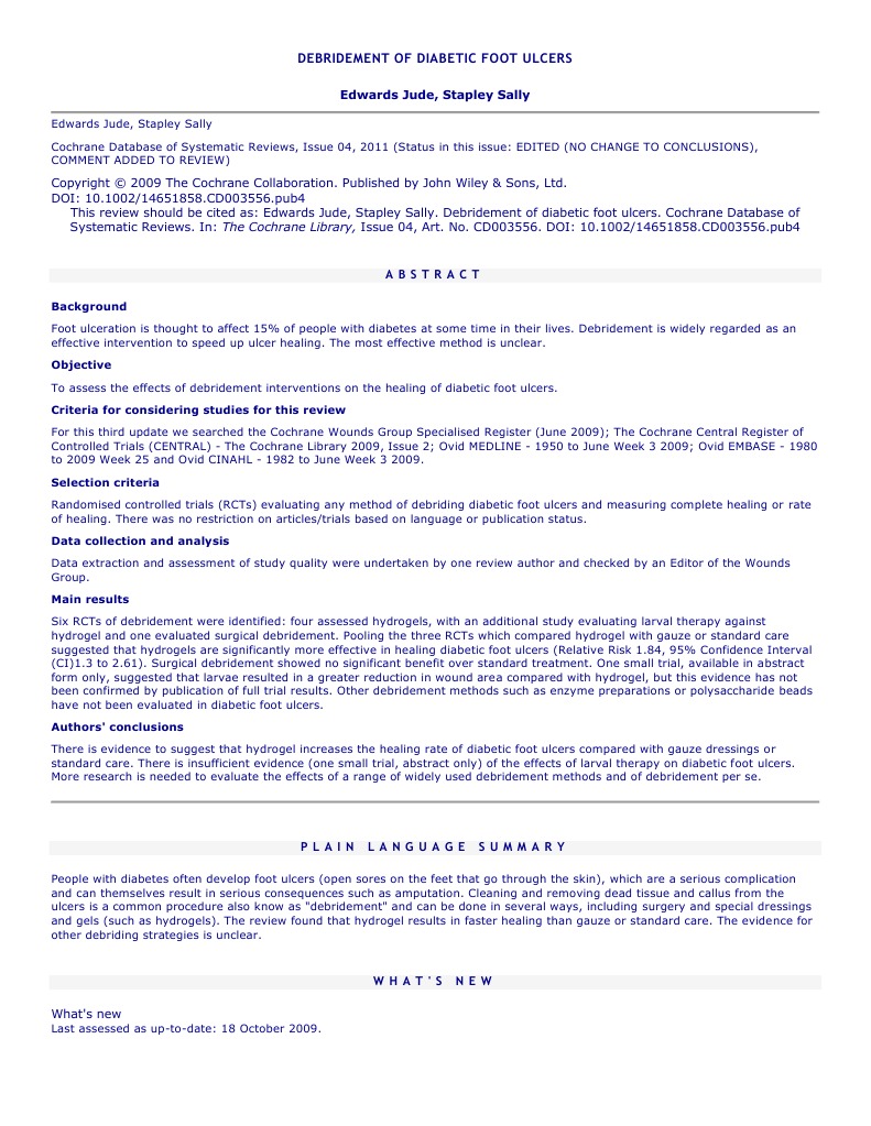 Cochrane Debridement Of Diabetic Foot Ulcers Randomized Controlled