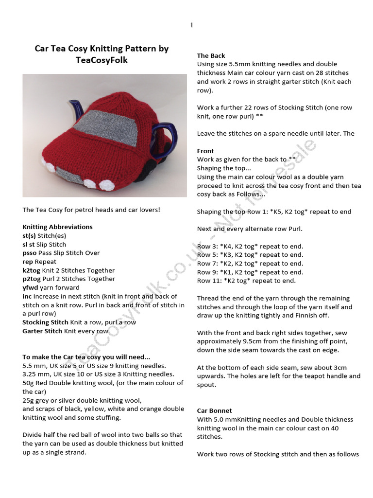 Car Tea Cosy Knitting Pattern Knitting Pattern 1.0 | PDF | Knitting ...